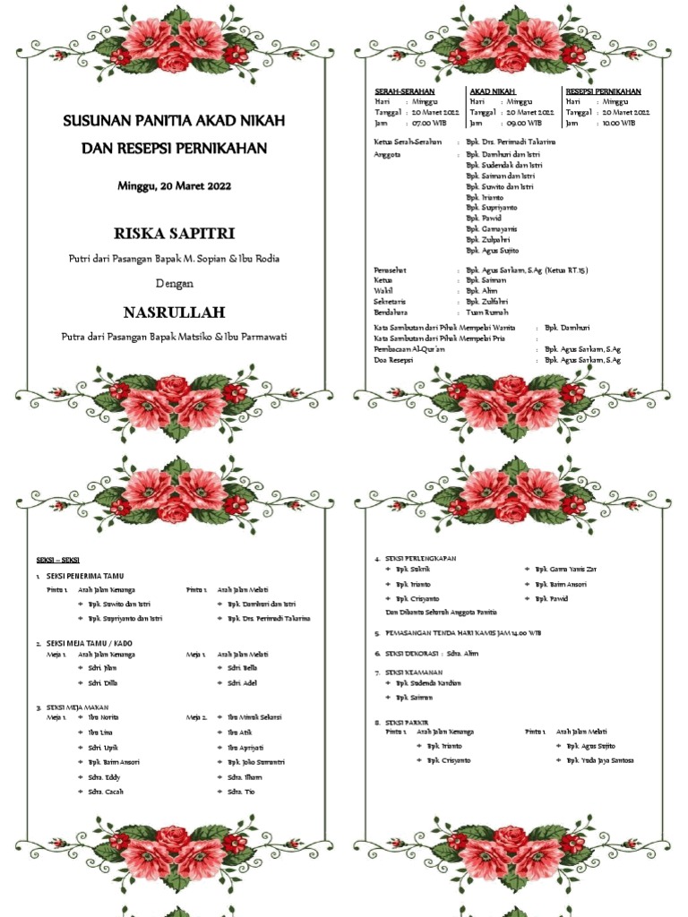 Susunan Panitia Pernikahan Riska-Nasrullah | PDF