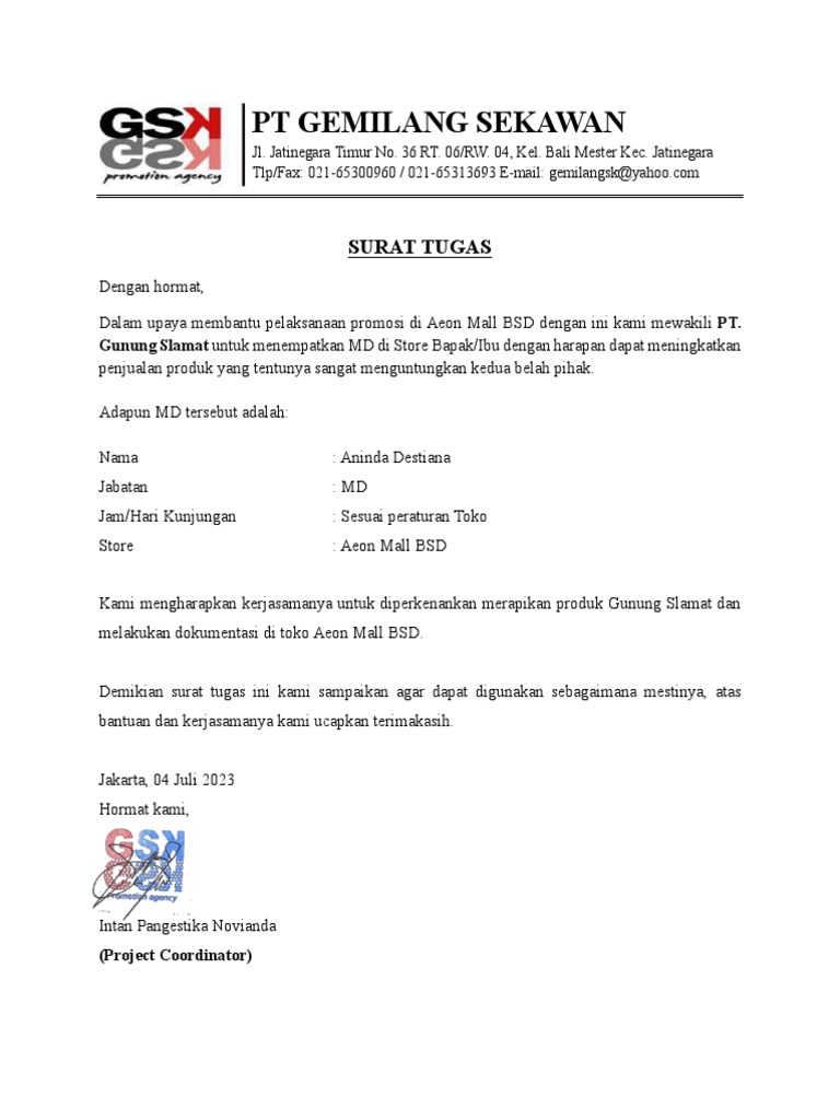 Surat Tugas Aninda Destiana - Aeon Mall BSD | PDF