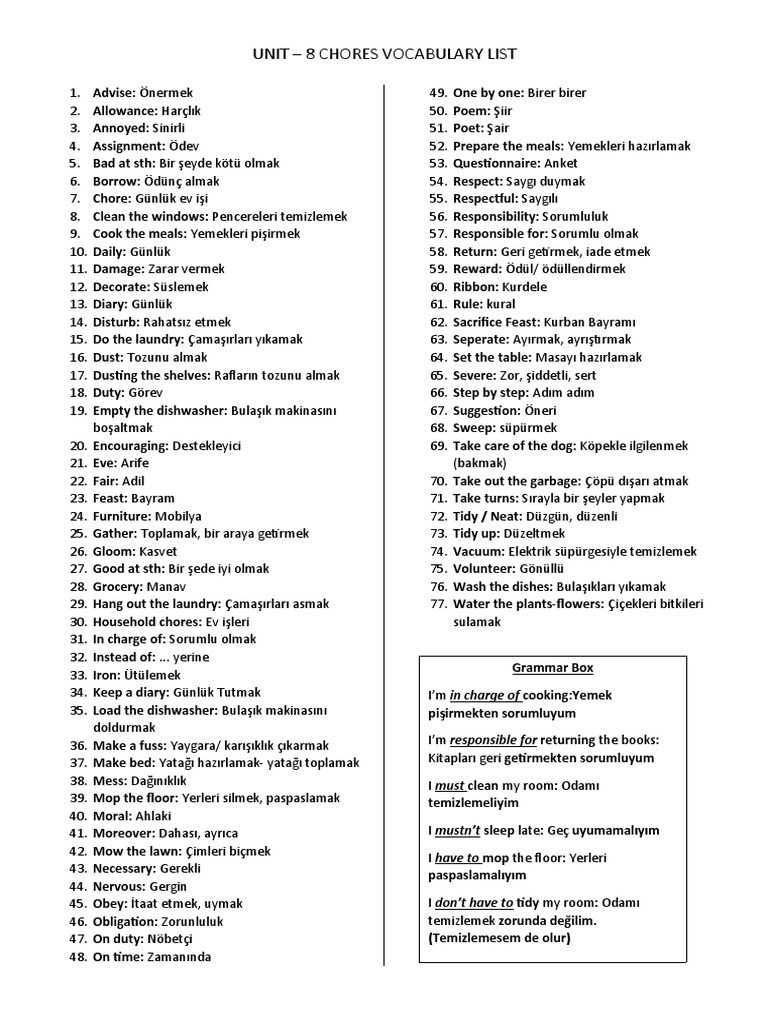 Chores Vocabulary | PDF