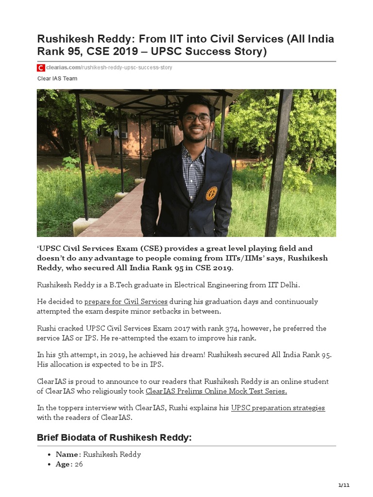 Rushikesh Reddy From IIT Into Civil Services All India Rank 95 CSE 2019 ...