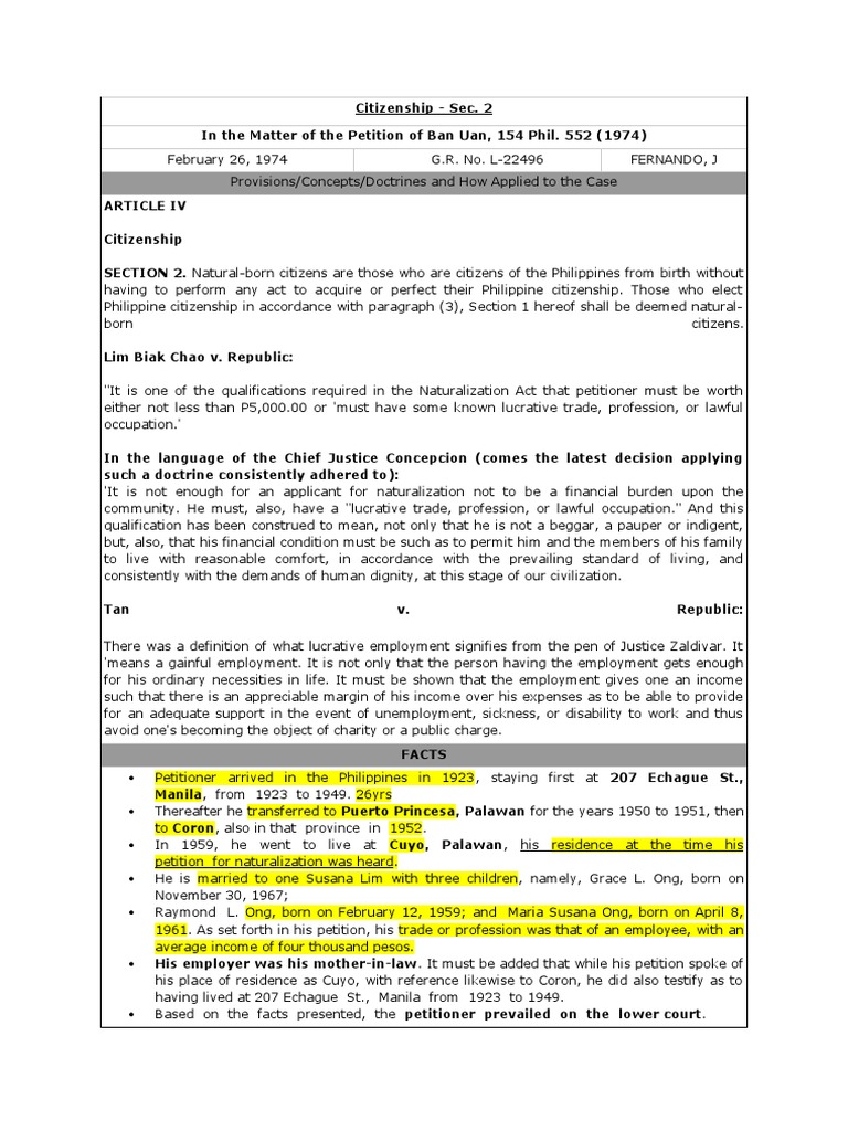 Case 251 - in The Matter of The Petition of Ban Uan, 154 Phil. 552 ...