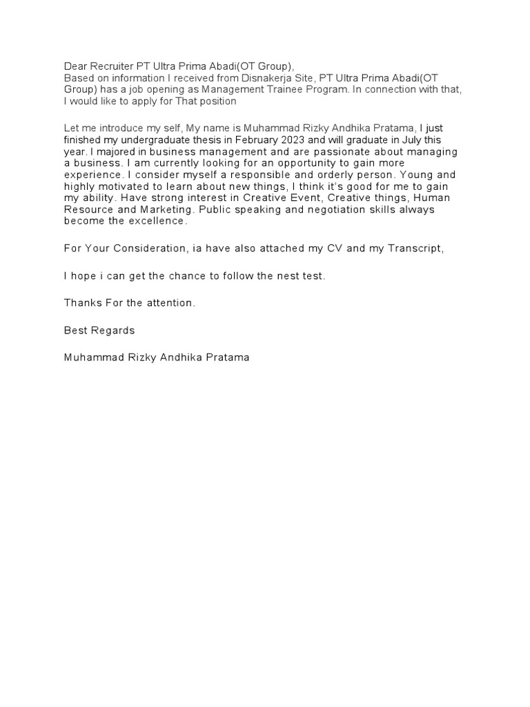 Dear Recruiter PT Ultra Prima Abadi (OT Group), PT Ultra Prima Abadi ...