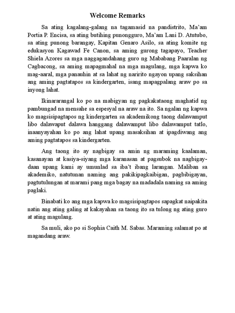Welcome Remarks in kindergarten | PDF