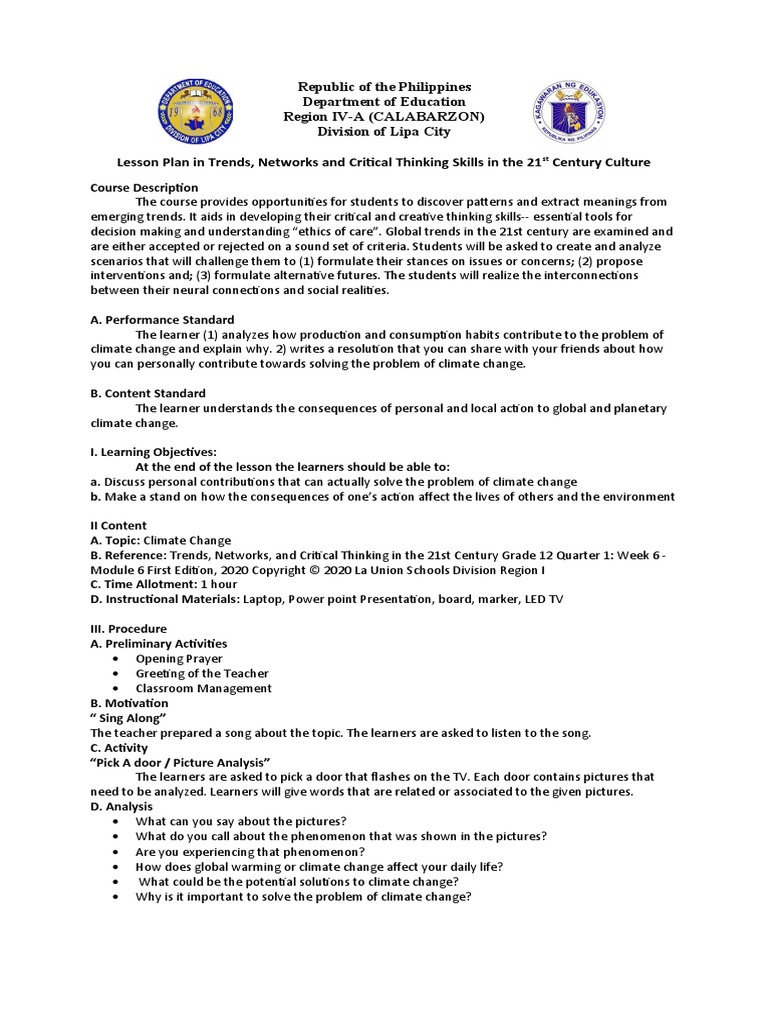 Lesson Plan in Trends, Networks and Critical Thinking Skills in The ...
