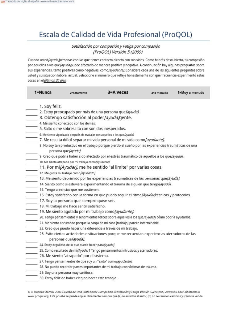 Test ProQOL-vIV Fatiga Compasión y Satisfacción (Ingles) .En - Es | PDF ...