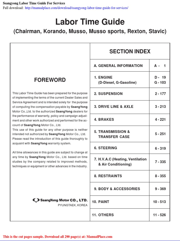 Ssangyong Labor Time Guide For Services | PDF | Paint | Manual Transmission