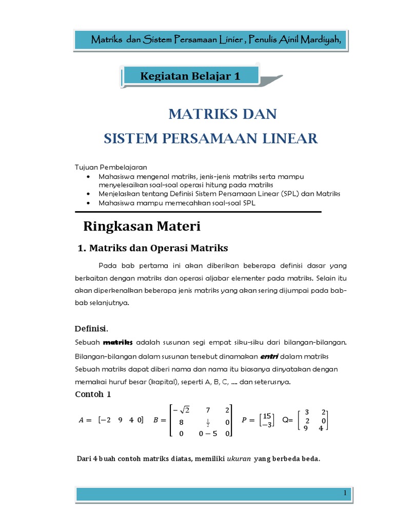 Definisi Matrik, Jenis-Jenis Matrik, Dan Operasi Pada Matrik | PDF
