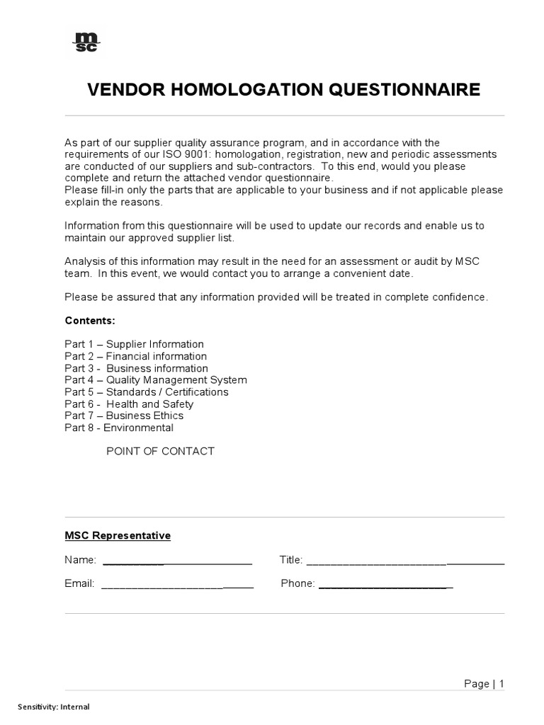 5.vendors' Homologation Questionnaire | PDF | Iso 9000 | Economies