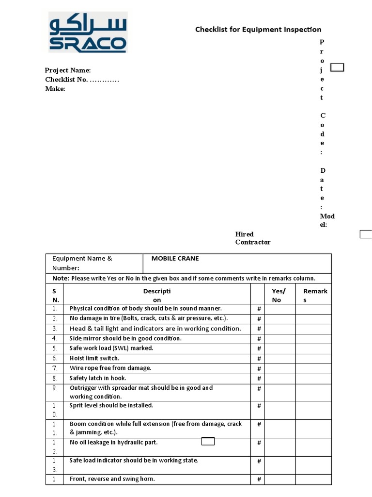 Checklist For Equipment Inspection Mobile Crane | PDF | Crane (Machine) | Manufactured Goods
