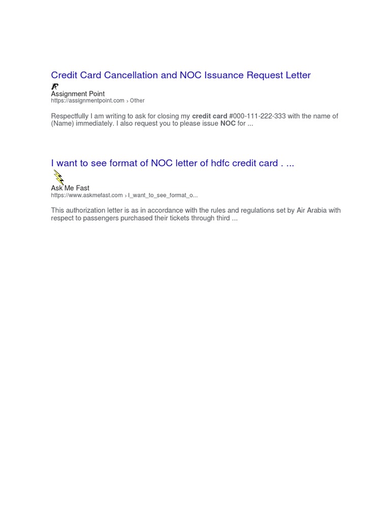 Credit Card Cancellation and NOC Issuance Request Letter: Assignment Point | PDF