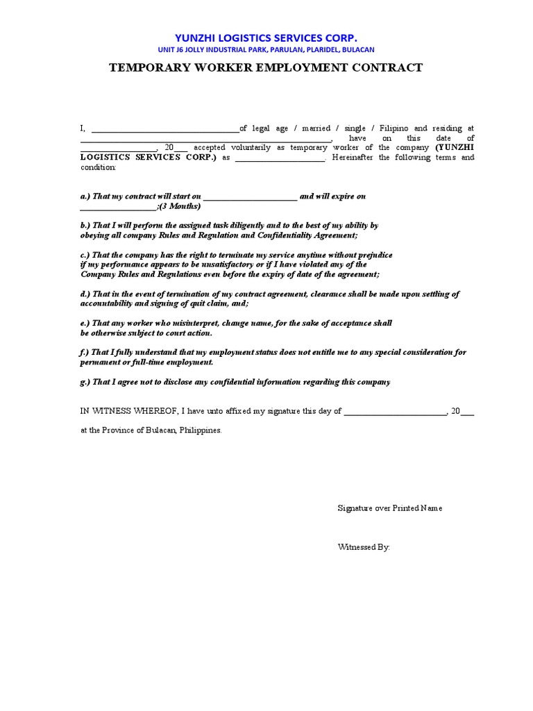 Temporary Worker Contract - Yunzhi Logistics | PDF | Finance & Money ...