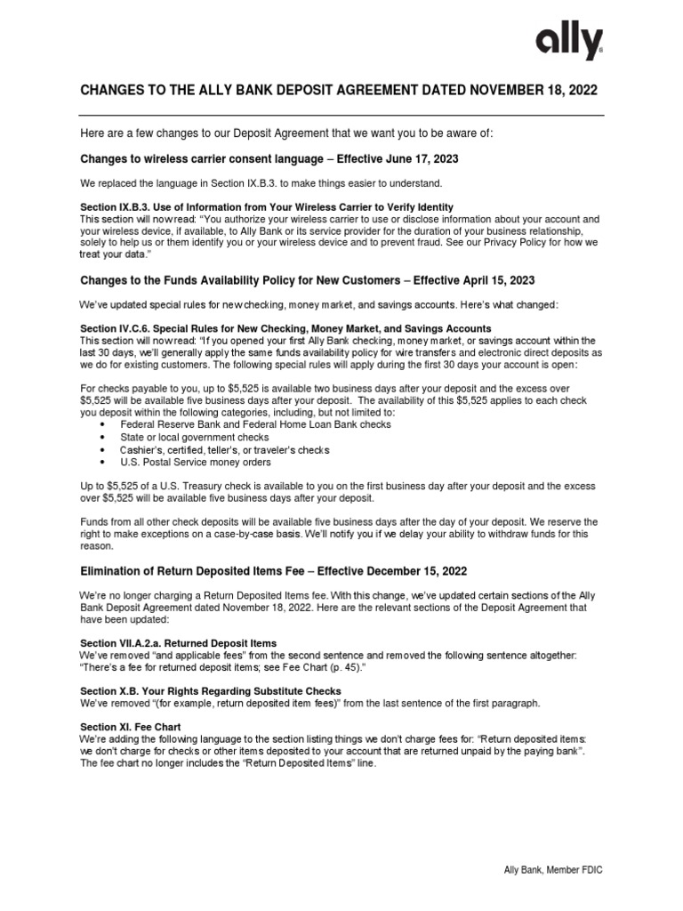 Ally Bank Deposit Agreement | PDF