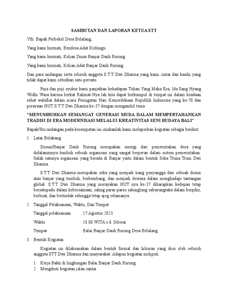 Sambutan Dan Laporan Ketua STT | PDF