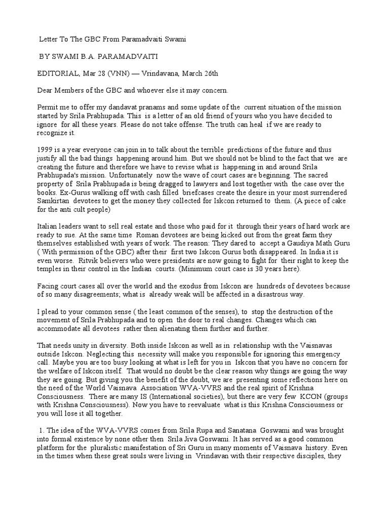 Letter To The GBC From Paramadvaiti Swami | PDF | Vaishnavism | Guru