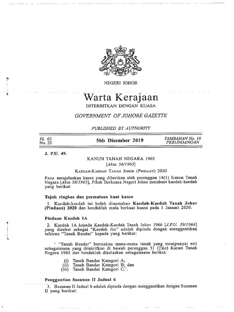 Warta Kerajaan - Kaedah Kaedah Tanah Johor Pindaan 2020 | PDF