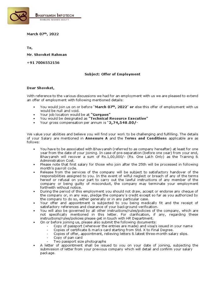 Bhavyansh Offer Letter - Showket Rahman | PDF | Salary | Government