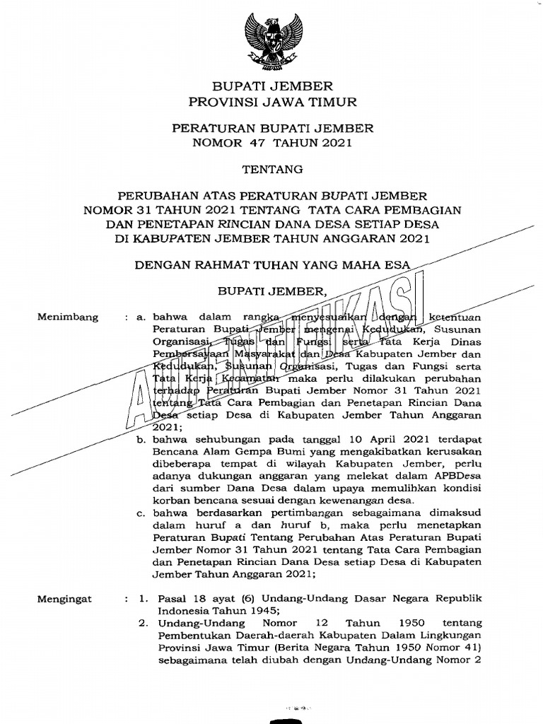 PERBUP 47_2021 PERUBAHAN ATAS PERBUP NOMOR 31 TH 2021 TTG TATA CARA ...