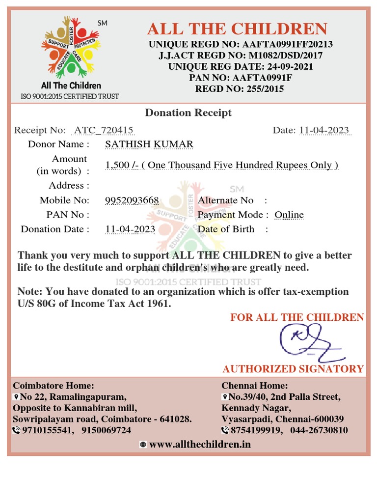 All The Children: Donation Receipt | PDF