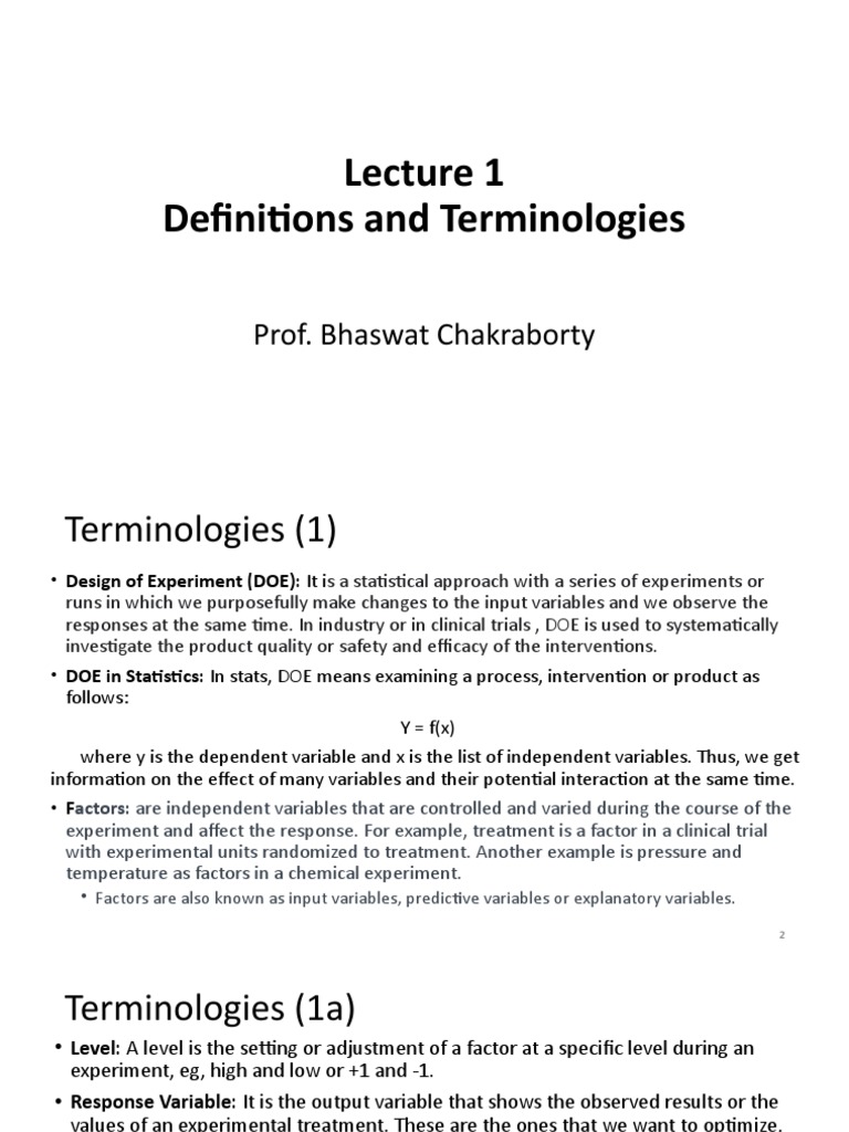 Lecture 1 Definitions & Terminologies in Experimental Design | PDF ...