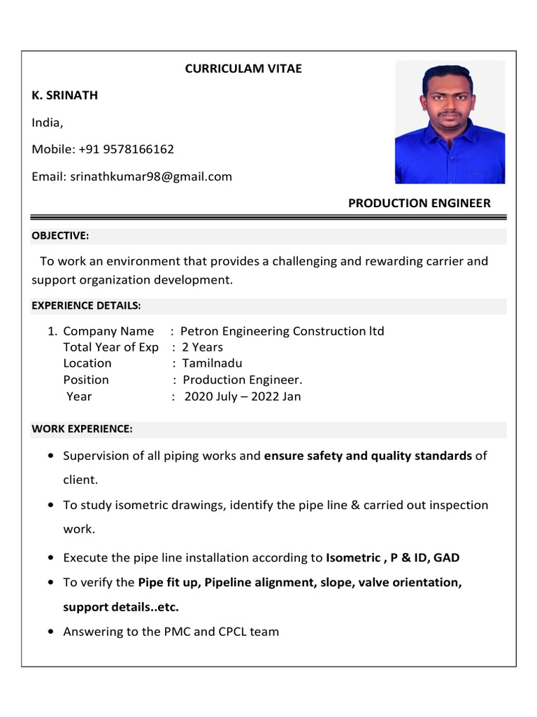 Srinath Seperated Productionengineer | PDF
