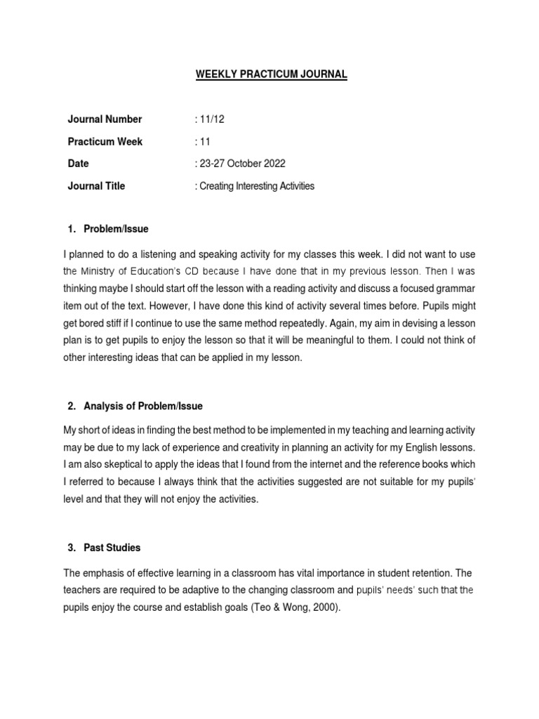 Practicum Journal Week 11 | PDF | Teachers | Classroom