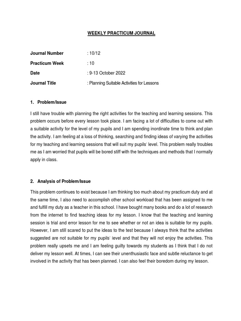 Practicum Journal Week 10 | PDF | Teachers | Learning