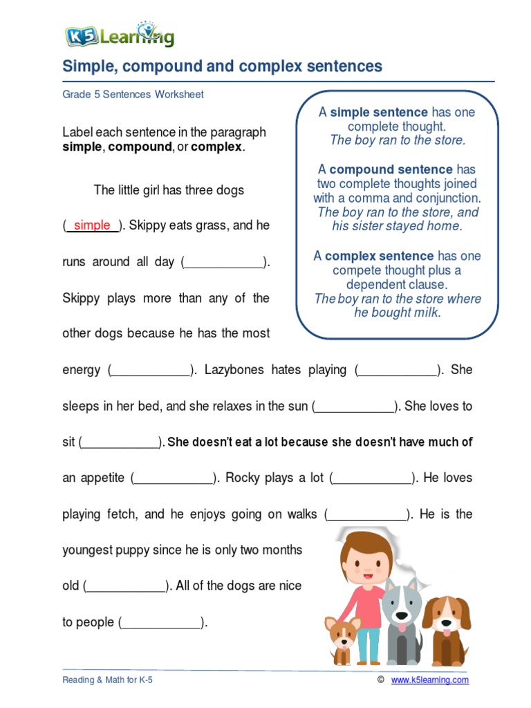 Grade 5 Simple Compound Complex Sentences A | PDF
