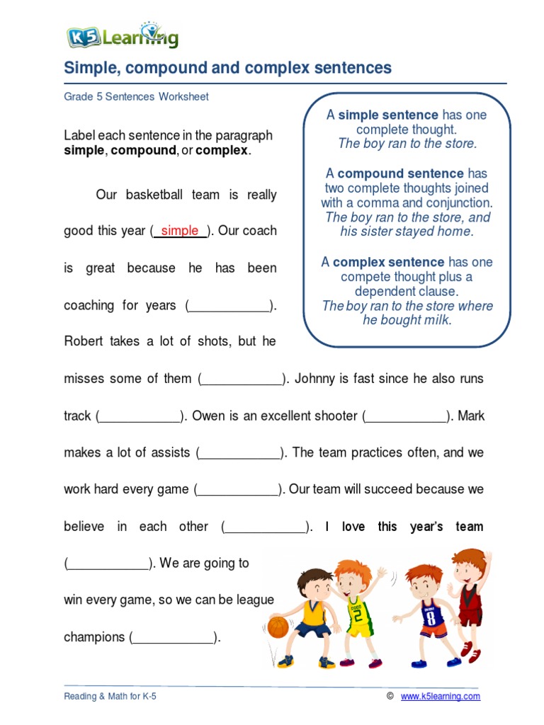 Grade 5 Simple Compound Complex Sentences C | PDF