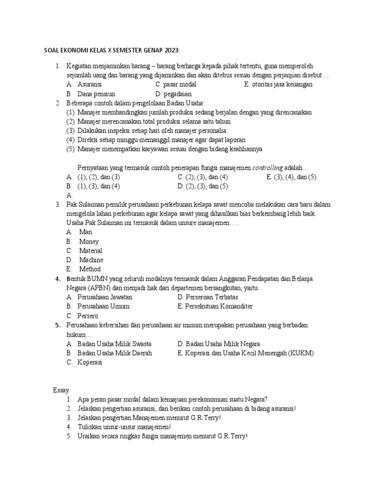 Soal Ekonomi Semester Genap 2023 | PDF