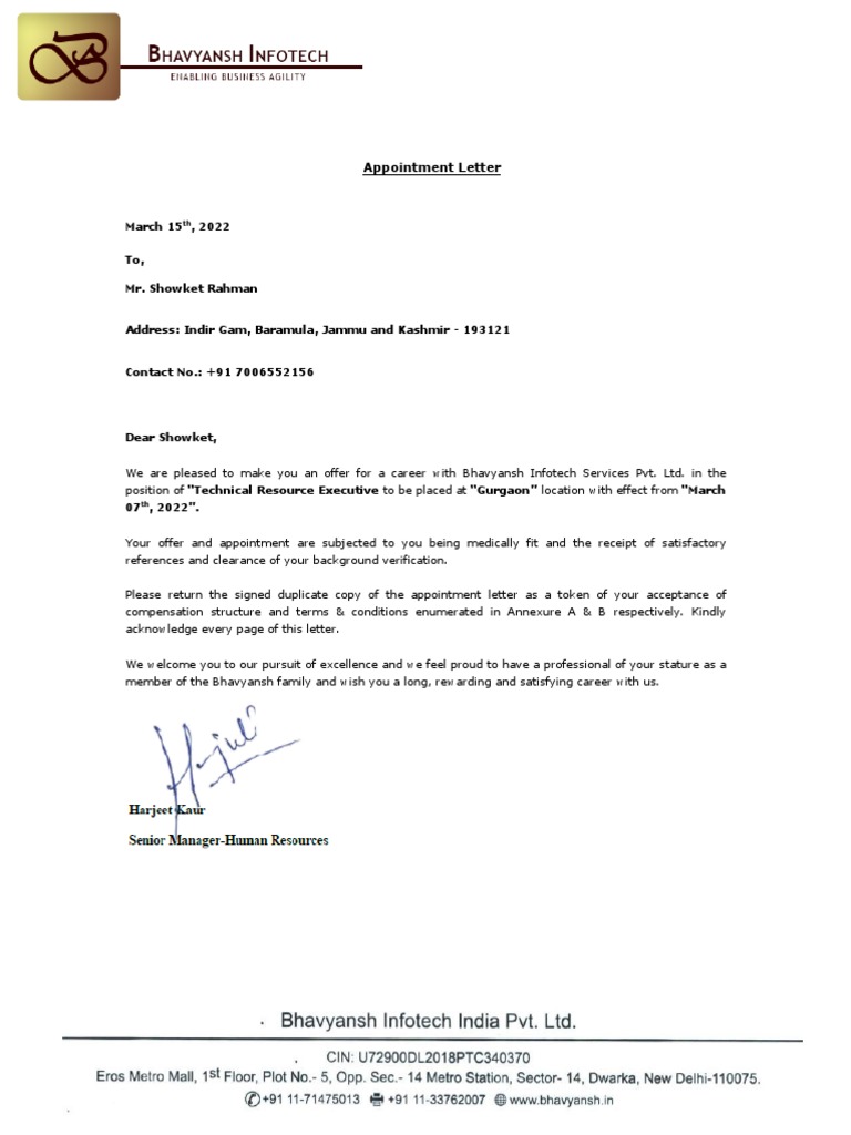 Bhavyansh Infotech Appointment Letter | PDF | Employment | Conflict Of ...