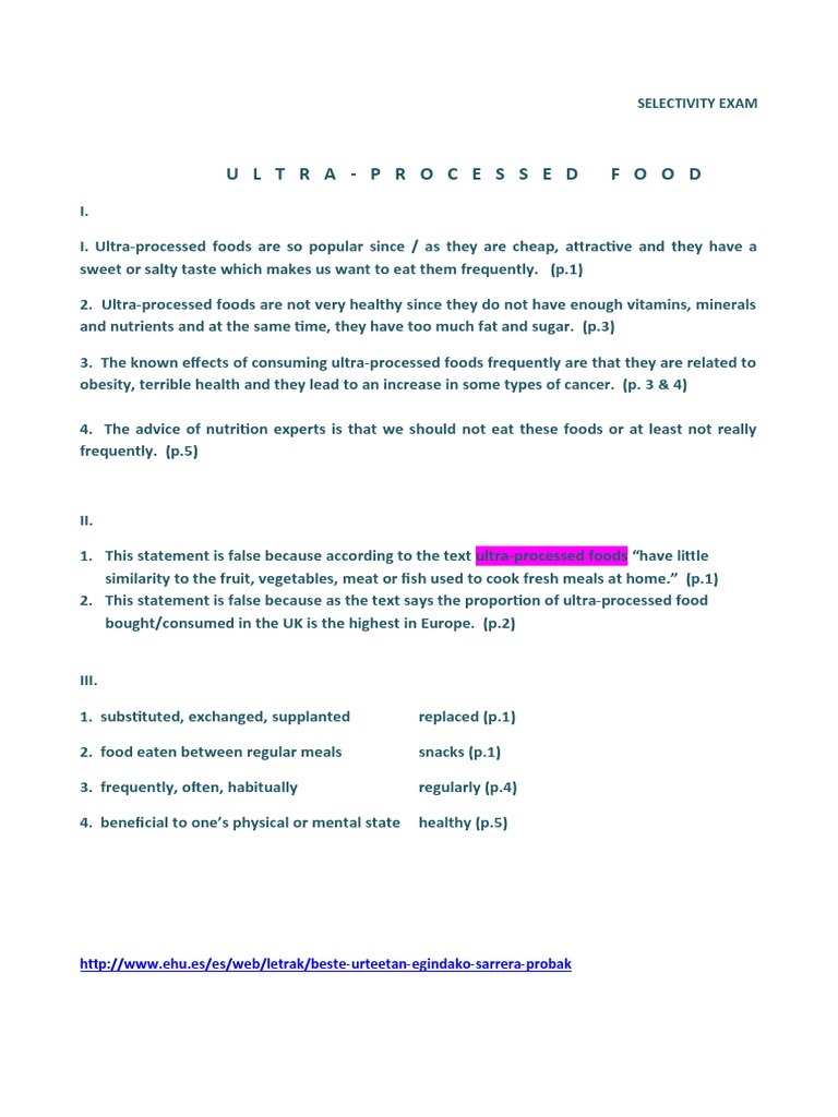 Selectivity Exam Ultra-Processed Food KEY | PDF