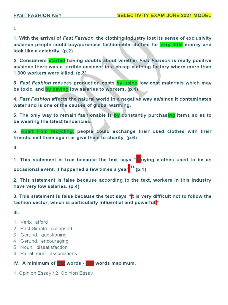 Selectivity Exam Fast Fashion KEY | PDF