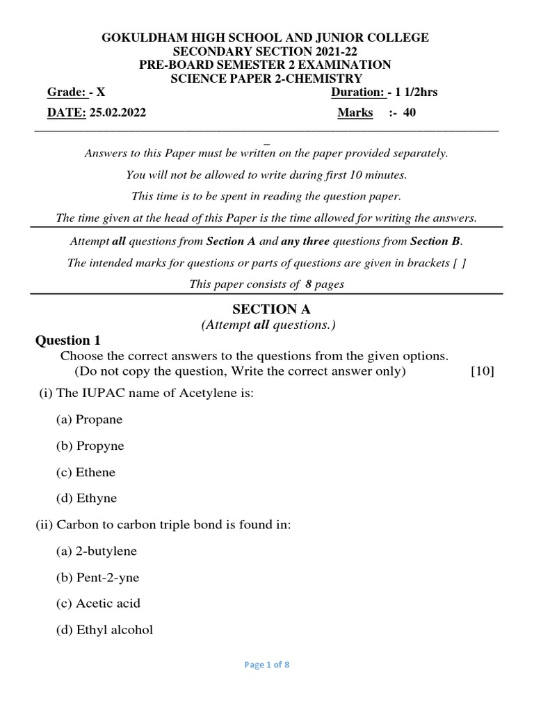 Chemistry Pre-Board STD Sem 2 X Gokuldham High School 2021-22 | PDF | Acid | Hydroxide