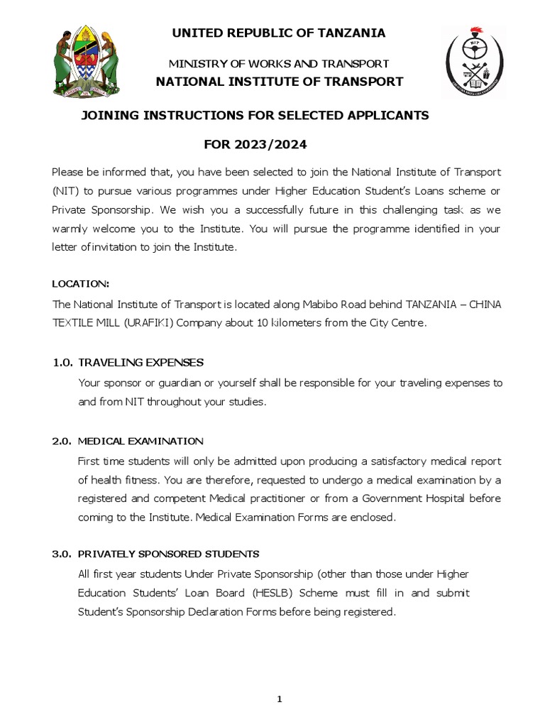 Joining Instruction 2023 2024 | PDF | Identity Document | Blood Pressure