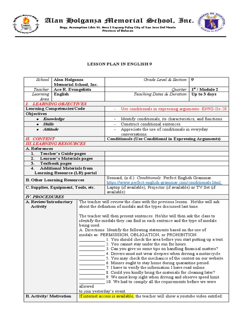 LP - Use CONDITIONAL in Expressing Arguments - Grade 9 1Q | PDF ...