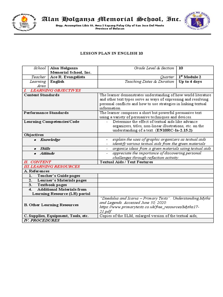 LP - Textual Aids - Text Features - Grade 10 1Q | PDF