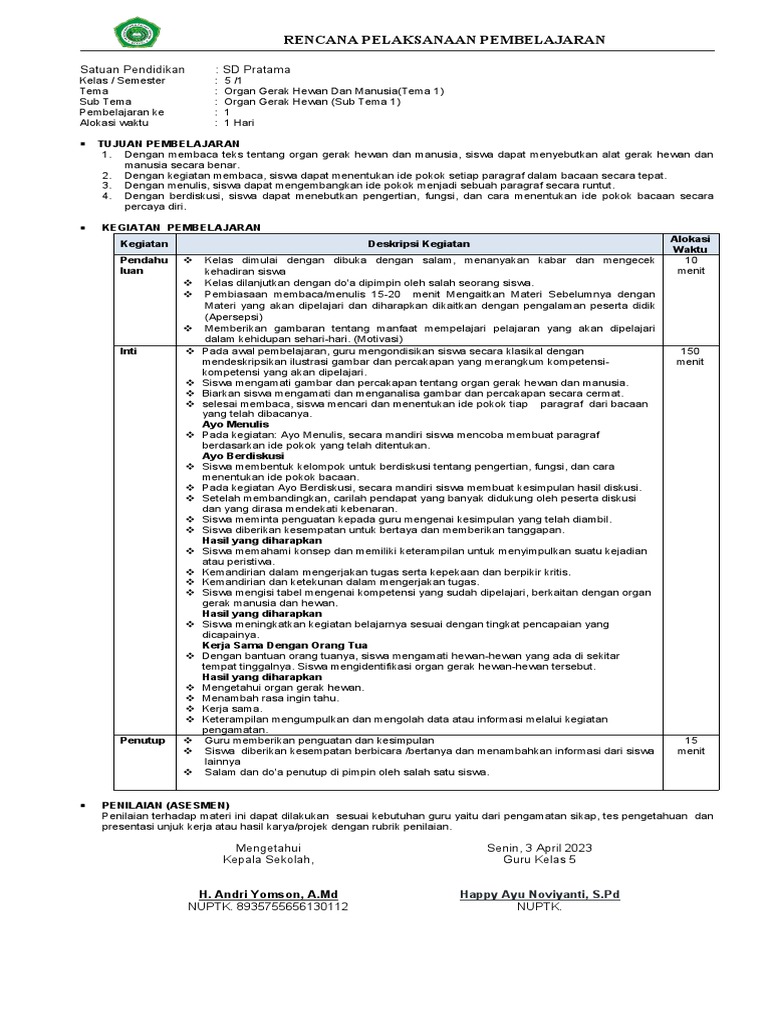 RPP 1 Lembar (Tema 1 Sub 1) | PDF