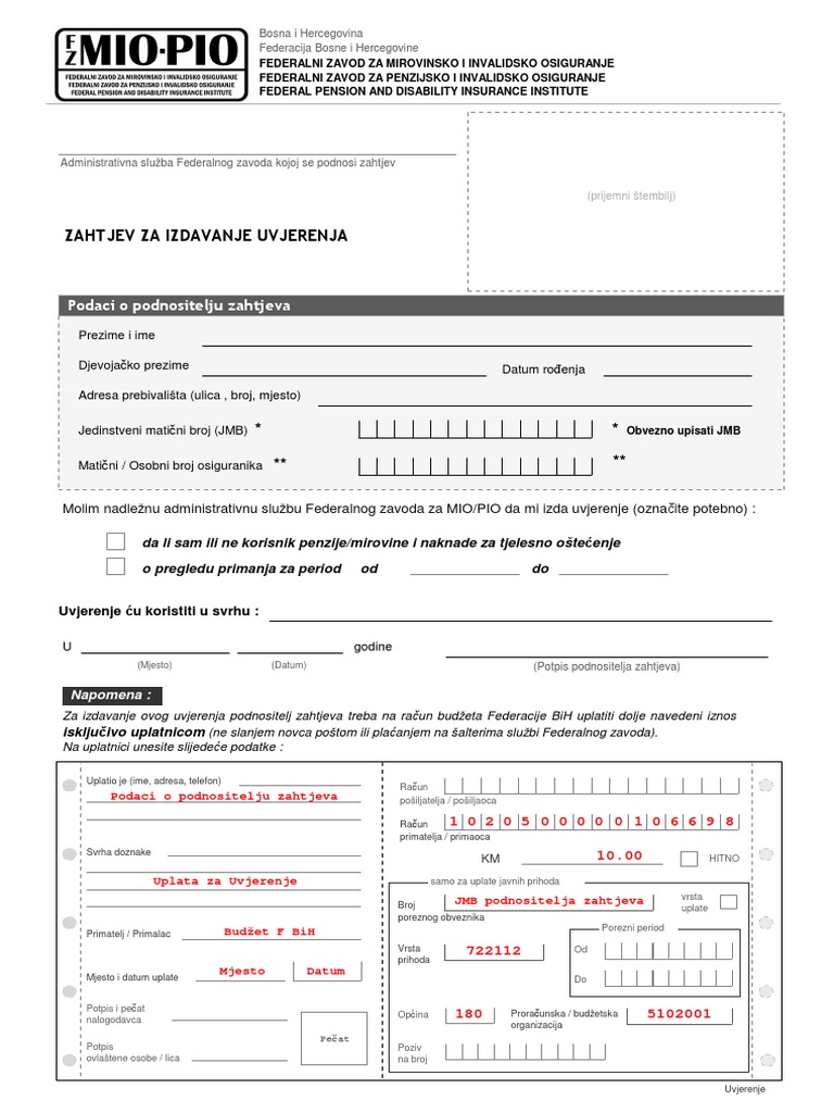 zahtjev za izdavanje uvjerenja MIO PIO | PDF