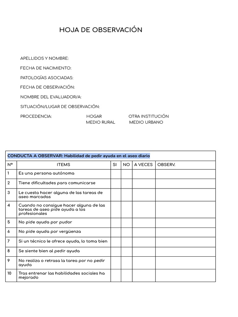 HOJA de OBSERVACIÓN Tarea de Apoyo Psicosocial - Documentos de Google | PDF