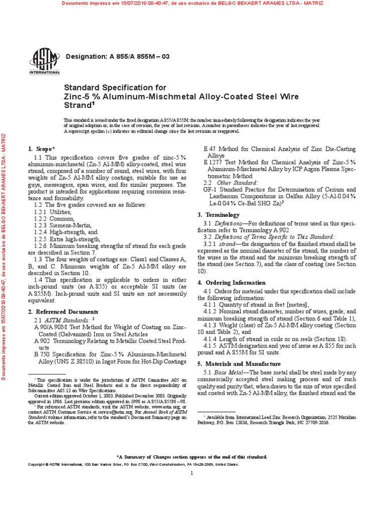 ASTM A 855 - A855M 2014 - Galfan ACSR Strand | PDF | Wire | Materials