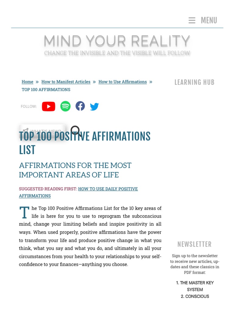 Positive Affirmations List-100 Affirmations in 10 Categories | PDF