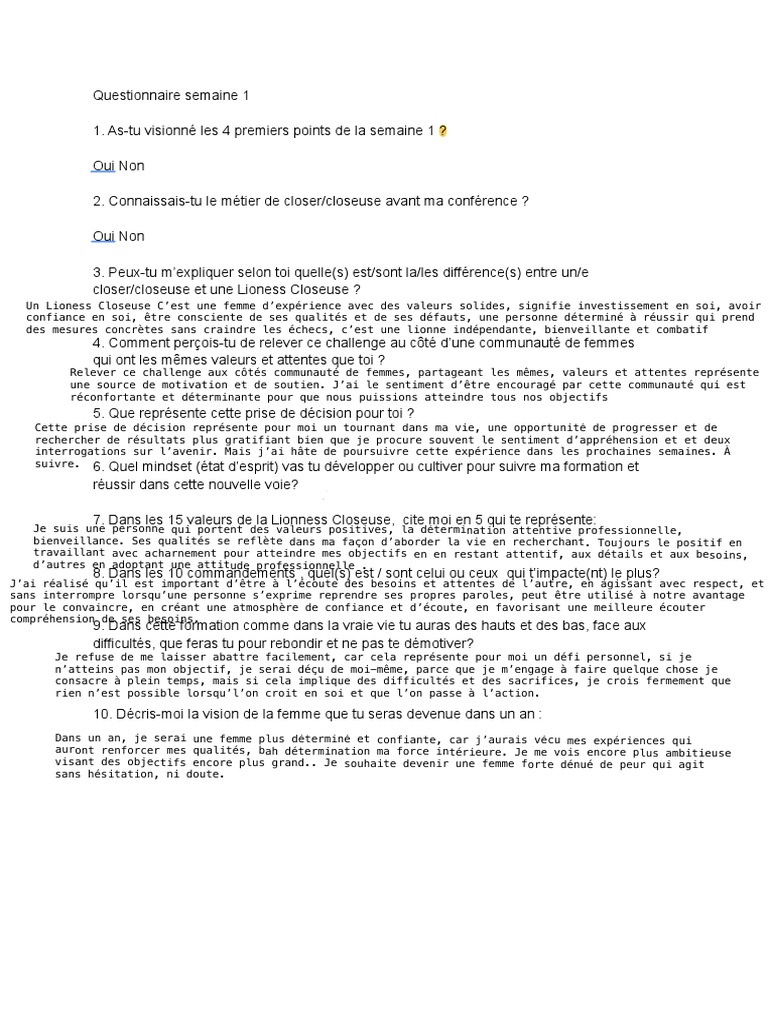 Questionnaire Semaine 1 | PDF | Développement personnel | Mode de vie