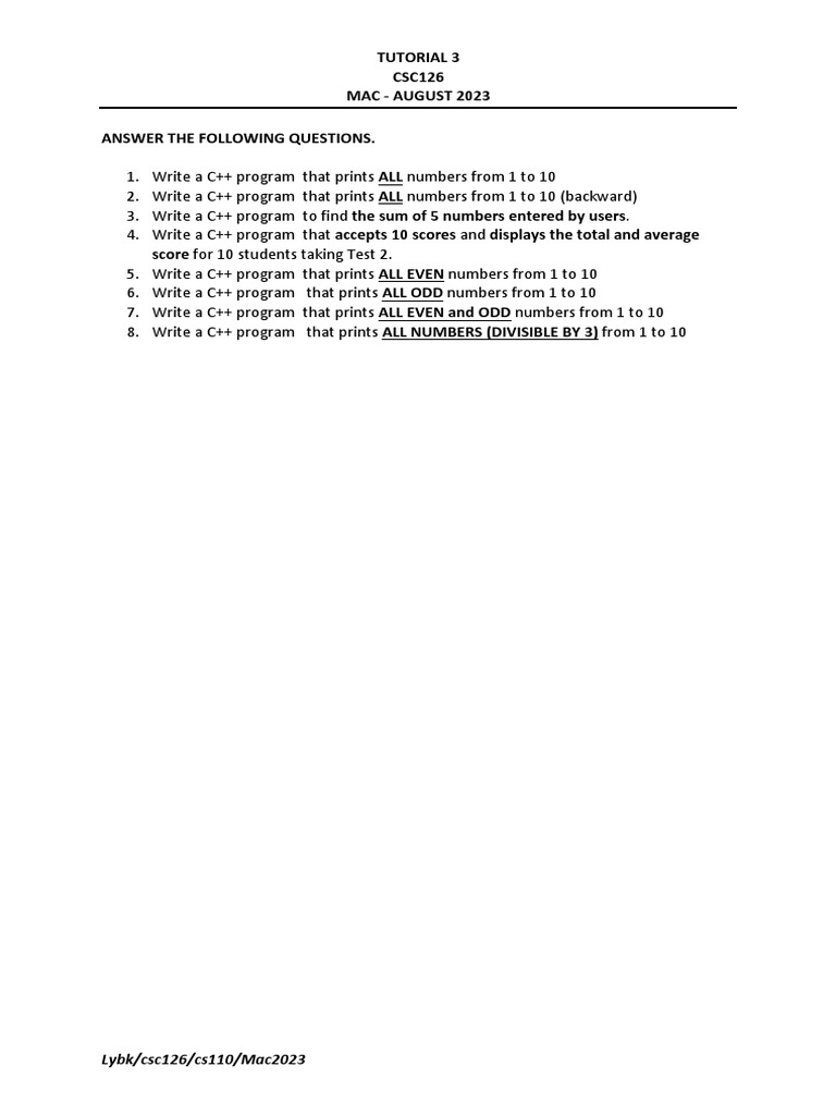 Tutorial 3 CSC126 Mac2023 | PDF