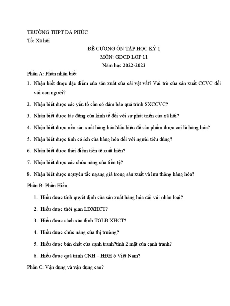 ĐỀ CƯƠNG ÔN TẬP HKI K11 | PDF