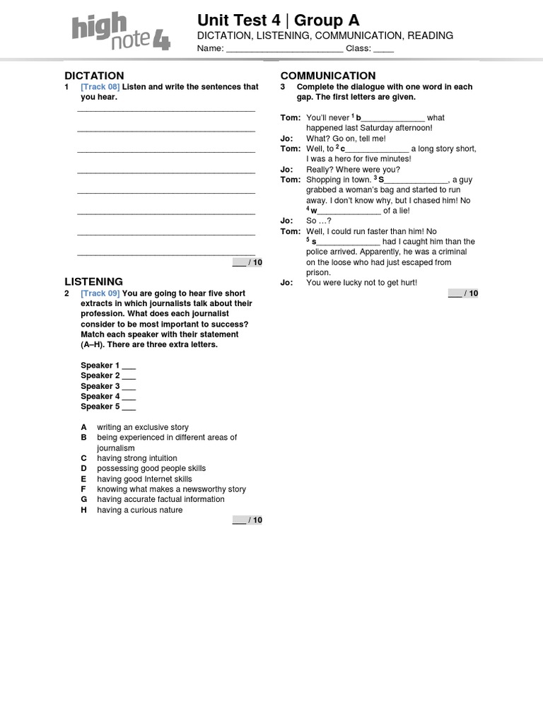 HighNote4 Unit Skills Test Unit04 GroupA | PDF