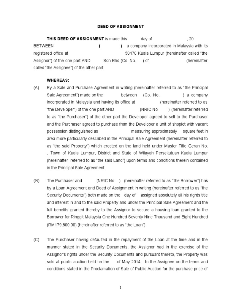 Deed of Assignment for Property Transfer | PDF | Assignment (Law) | Deed