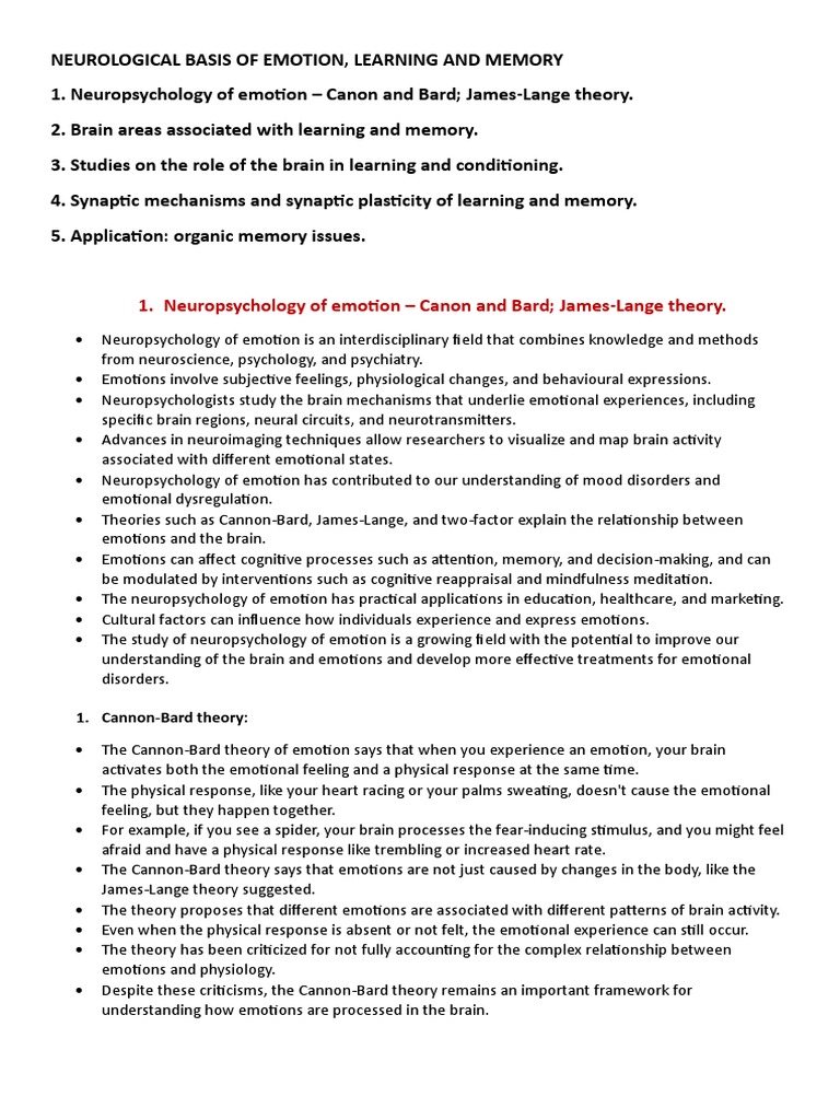NEUROLOGICAL BASIS OF EMOTION, LEARNING AND MEMORY | PDF | Emotions | Memory