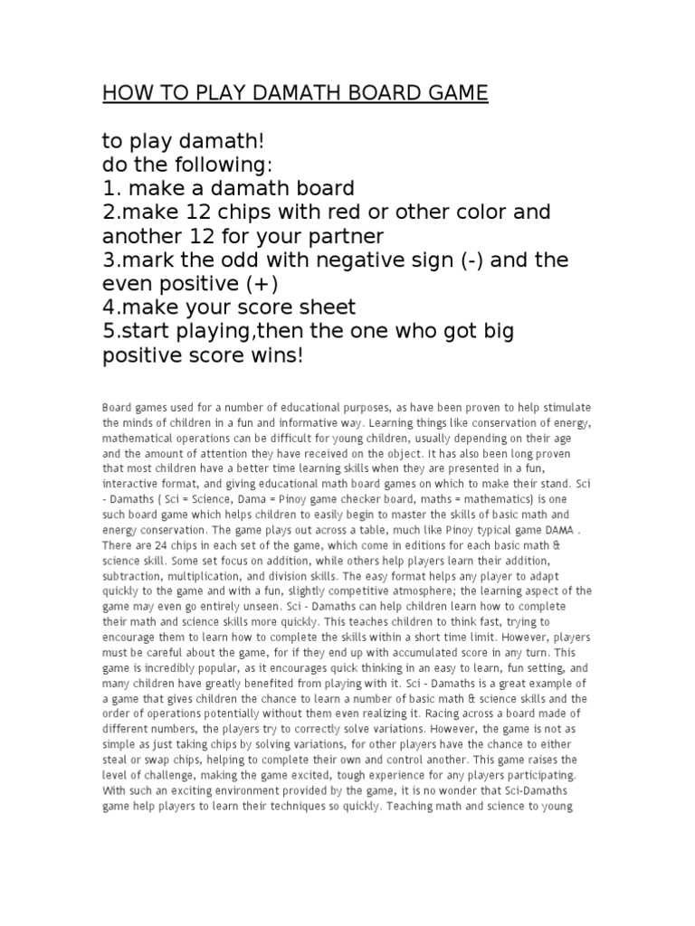 How To Play Damath Board Game | PDF | Subtraction | Arithmetic