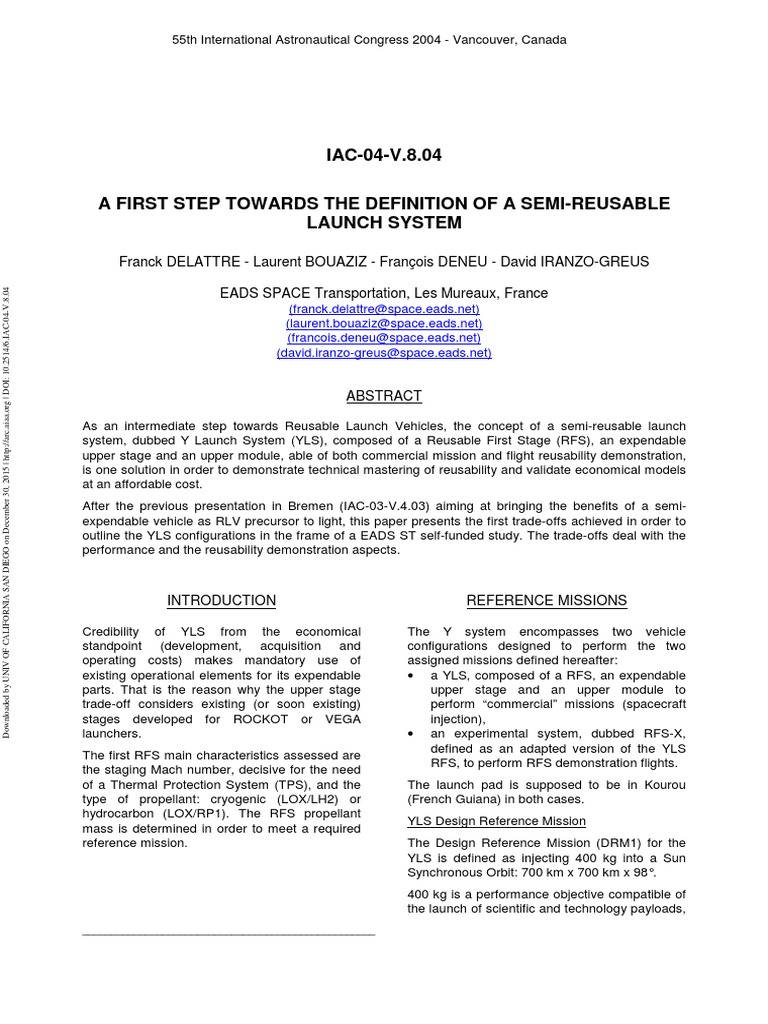 A Fist Step Towards The Definition of A Semireusable Launch Syst 2004 | PDF