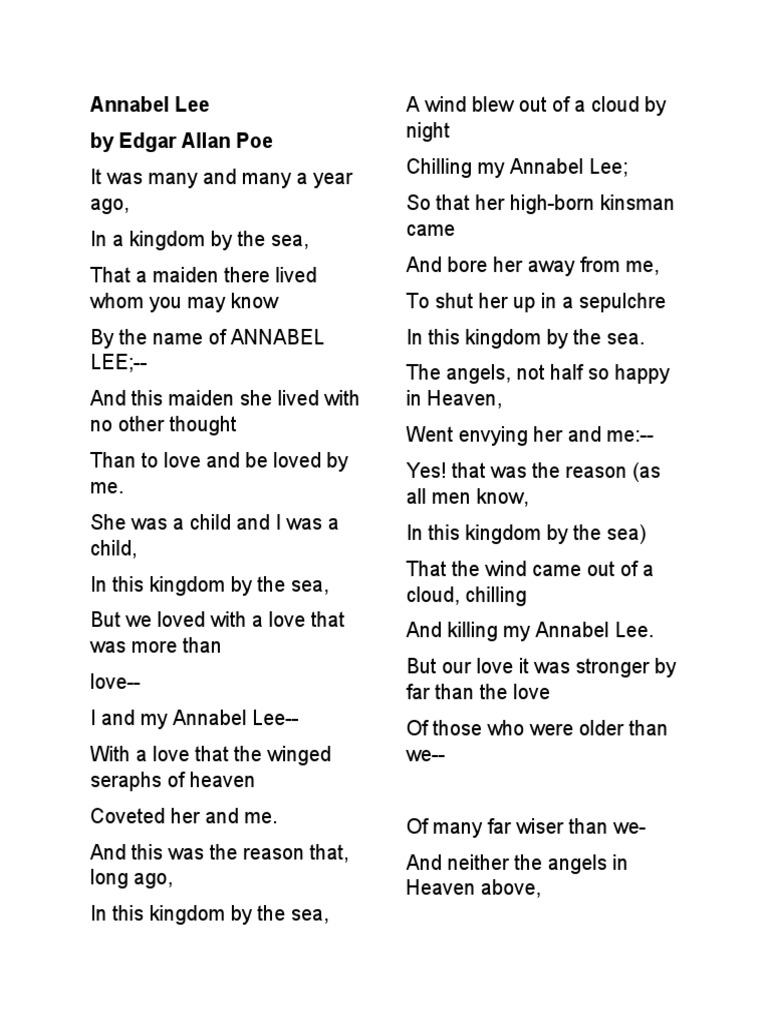 Annabelle Lee Poem Lyrics: Annabel Lee Poem Pdf – NQFLWV